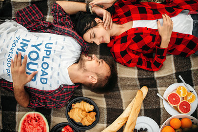 Placeit - T-Shirt Mockup of a Man Being Pampered by His Girlfriend