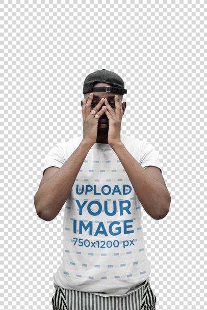 Placeit - T-Shirt Mockup of a Man Hiding His Face Against a Metal Door