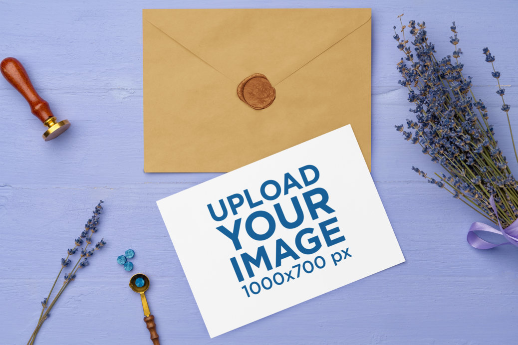 Placeit - Postcard Mockup Featuring an Envelope and Lavender Flowers