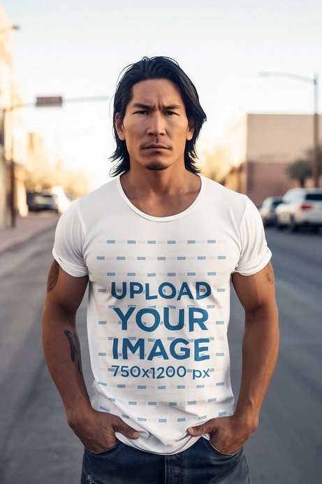 Placeit - T-Shirt Mockup of an AI-Created Muscular Man with Arm Tattoos