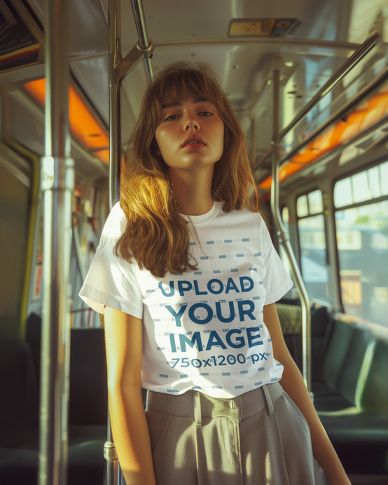 Placeit - Round-Neck Tee Mockup of a Woman Generated by AI Riding the ...