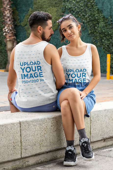 Placeit - Front and Back Mockup of a Couple Wearing Tank Tops