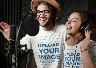 Placeit - T-Shirt Mockup of Two Singers Hanging At a Recording Studio