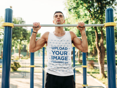 Placeit - Tank Top Mockup Featuring a Man Doing Pull-Ups