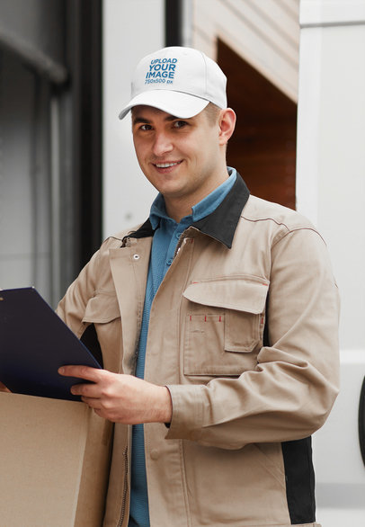 Placeit - Dad Hat Mockup of a Delivery Man Putting a Package on His Truck