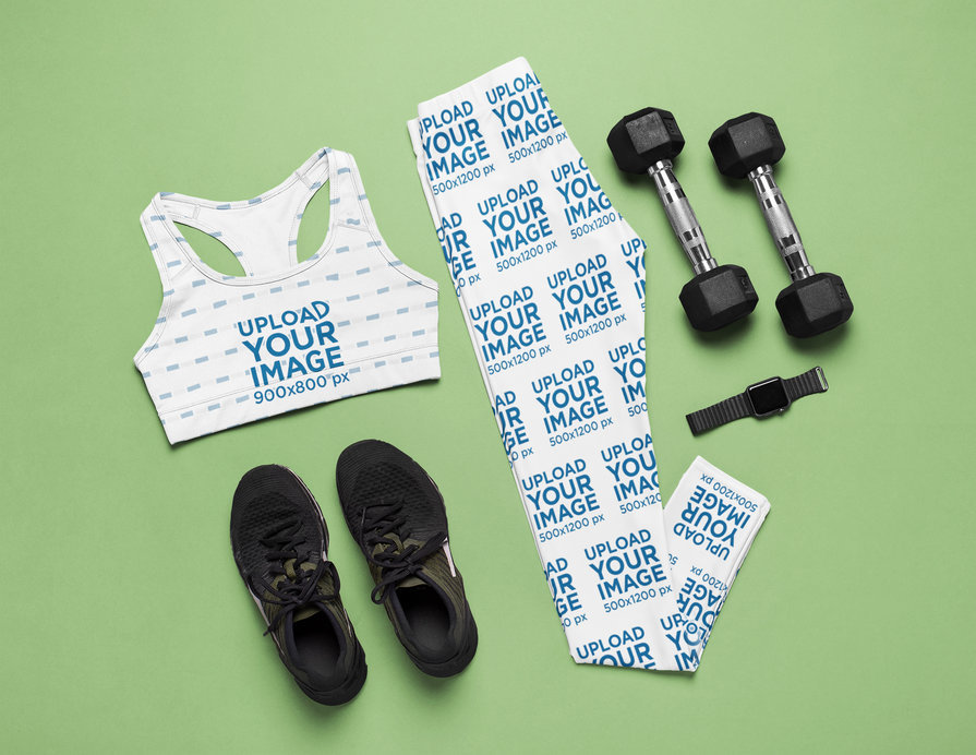 Placeit - Gym Outfit Mockup Featuring a Sports Bra and a Pair of Leggi
